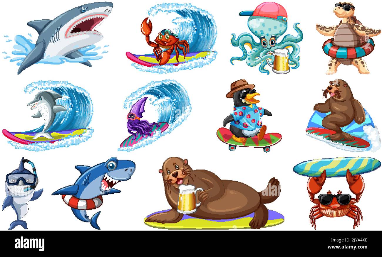Set of various sea animals cartoon characters illustration Stock Vector ...