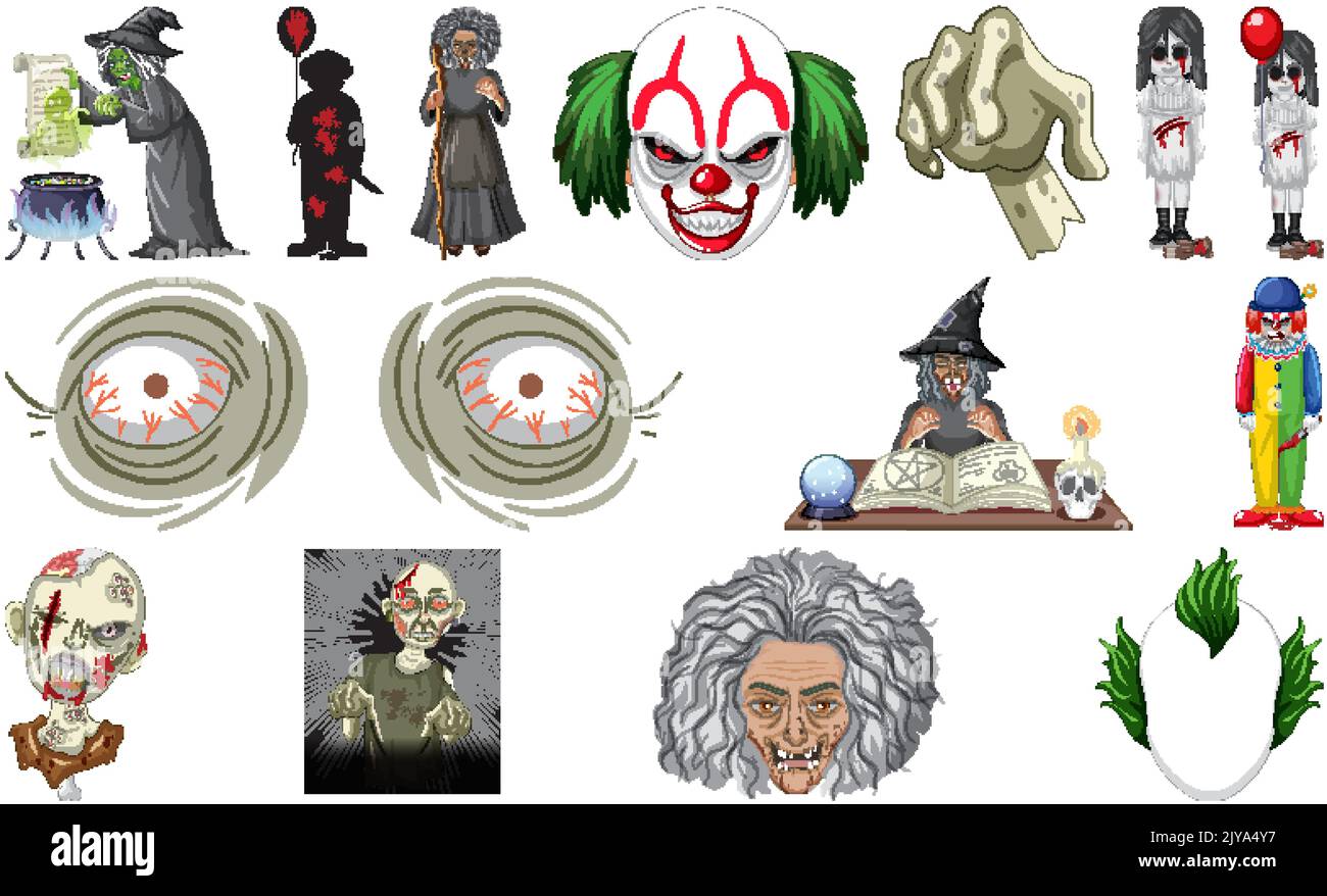 Set of horror halloween objects and cartoon characters illustration ...