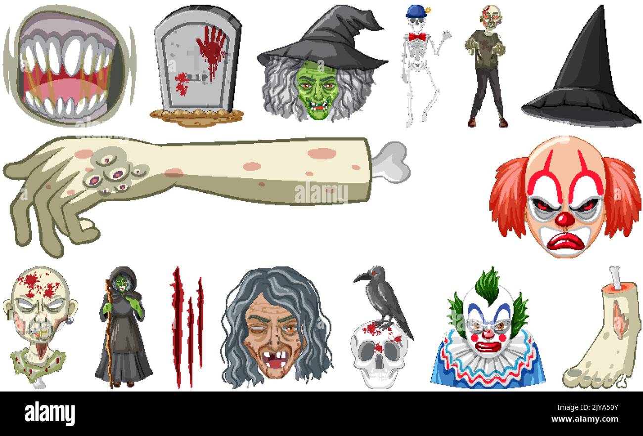 Set of horror halloween objects and cartoon characters illustration ...
