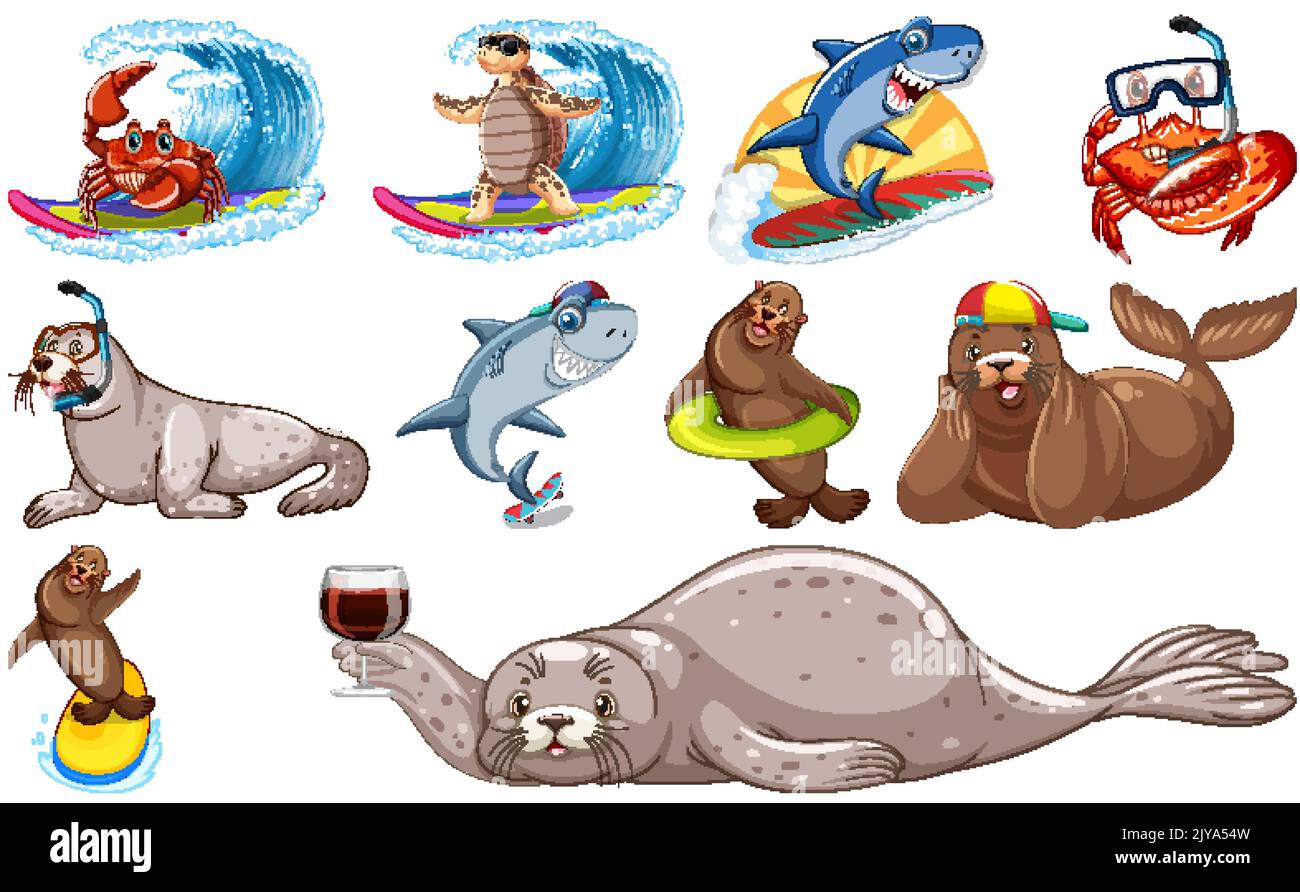 Set of various sea animals cartoon characters illustration Stock Vector ...