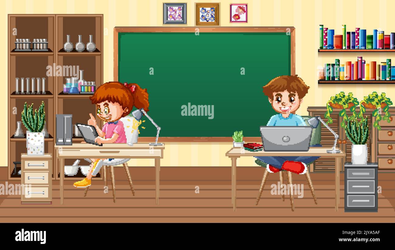 At home scene with kids using their laptops illustration Stock Vector ...