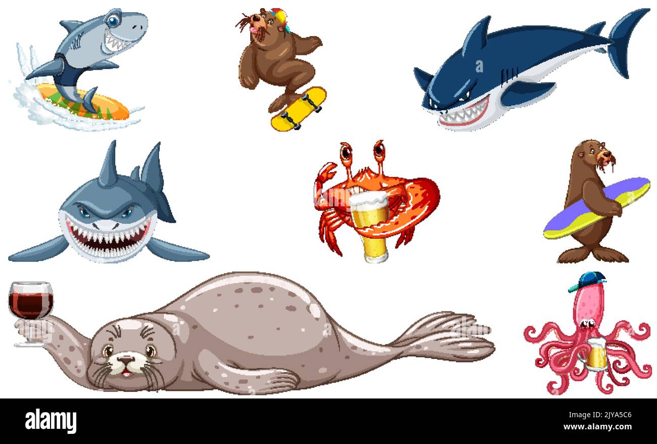 Set of various sea animals cartoon characters illustration Stock Vector ...