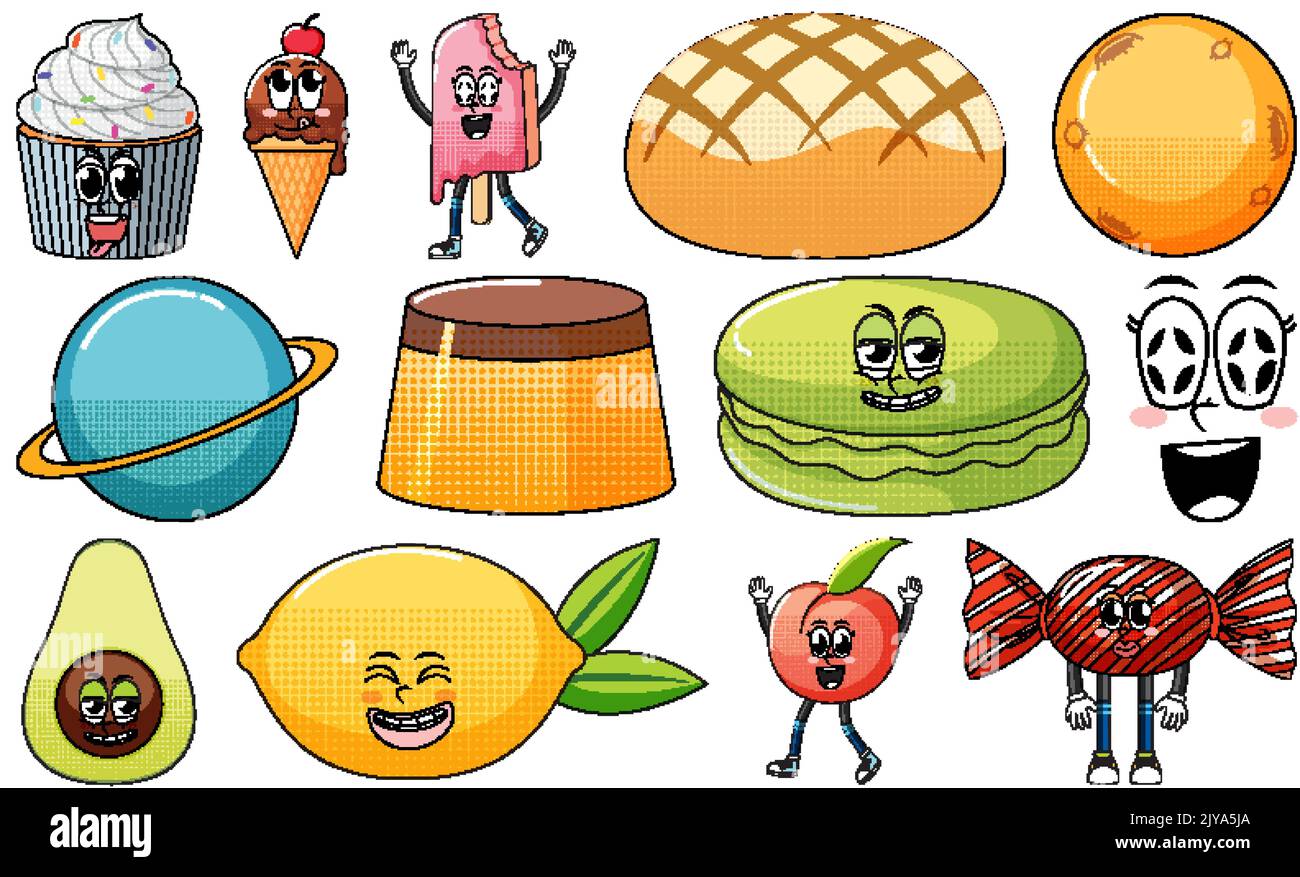 Set of objects and foods cartoon characters illustration Stock Vector ...