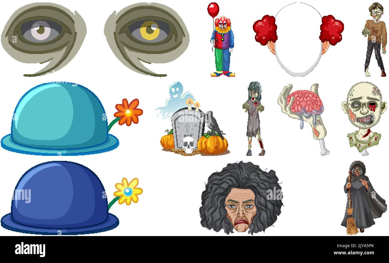Set of horror halloween objects and cartoon characters illustration ...