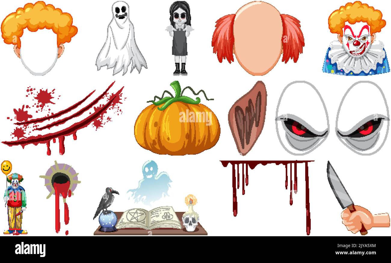 Set of horror halloween objects and cartoon characters illustration ...