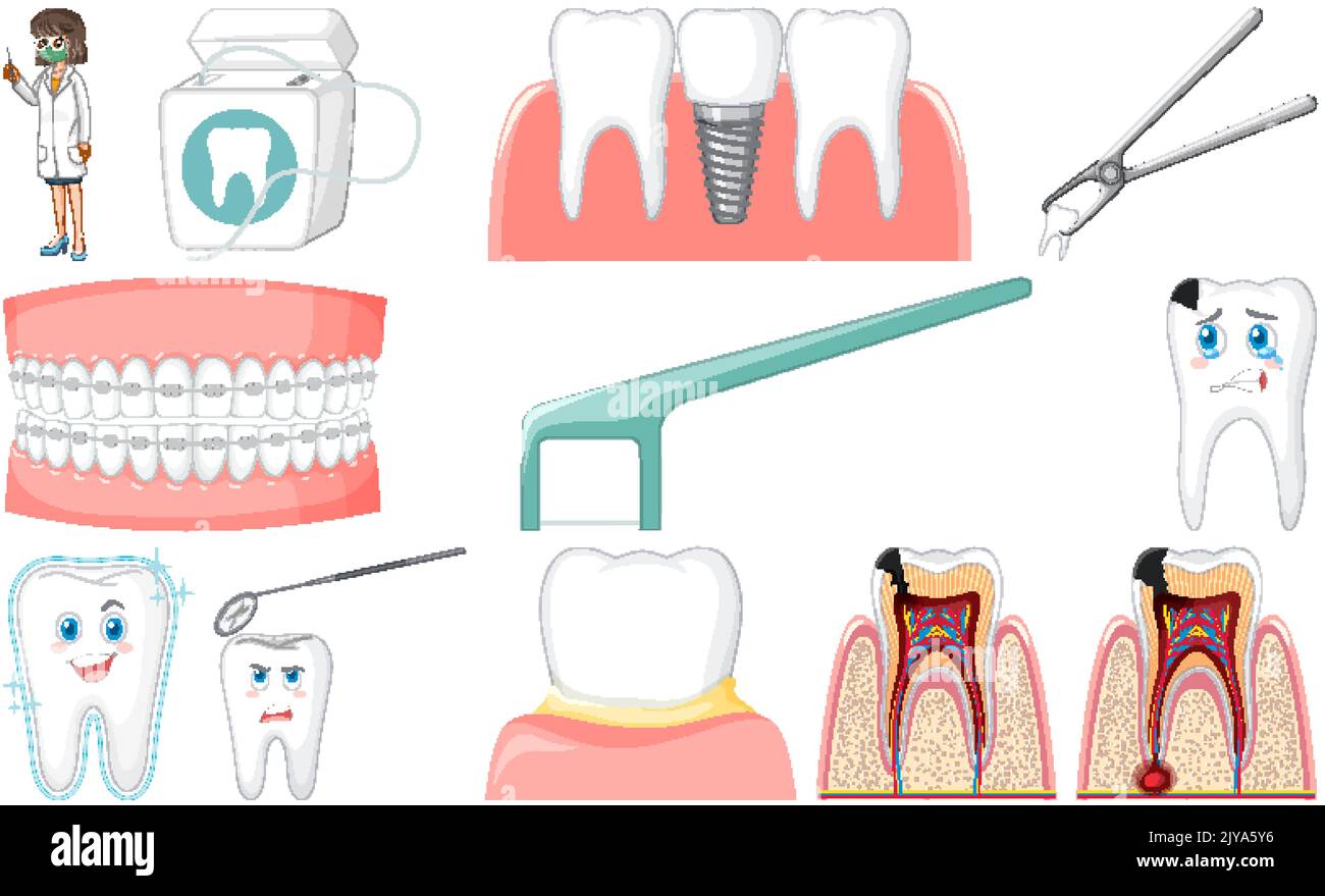 Set of dental equipments and cartoon characters illustration Stock ...