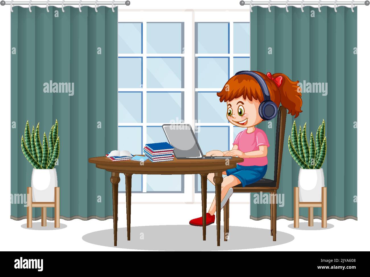 A girl browsing internet on laptop illustration Stock Vector Image ...