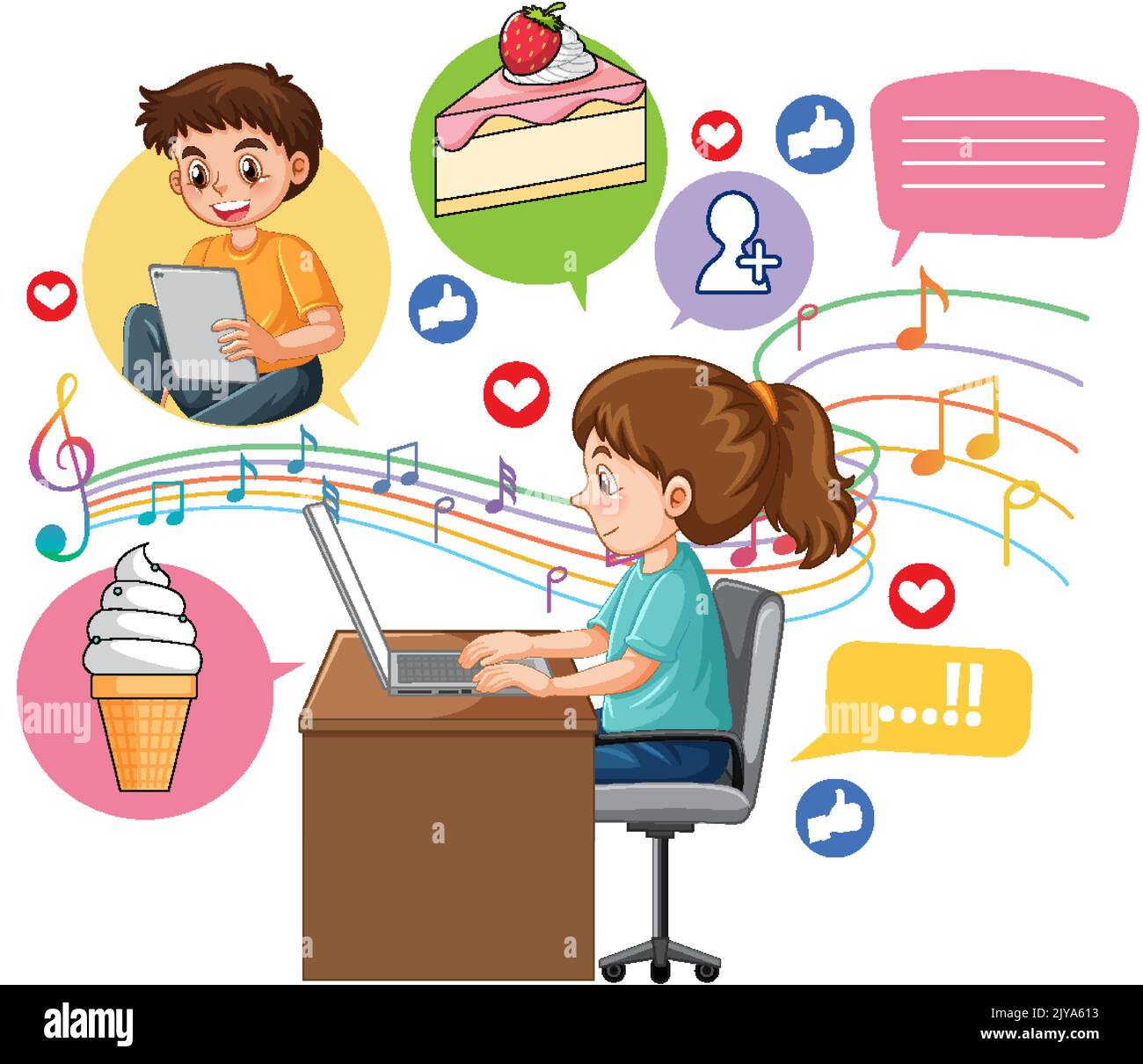 Cute girl browsing social media on laptop illustration Stock Vector ...