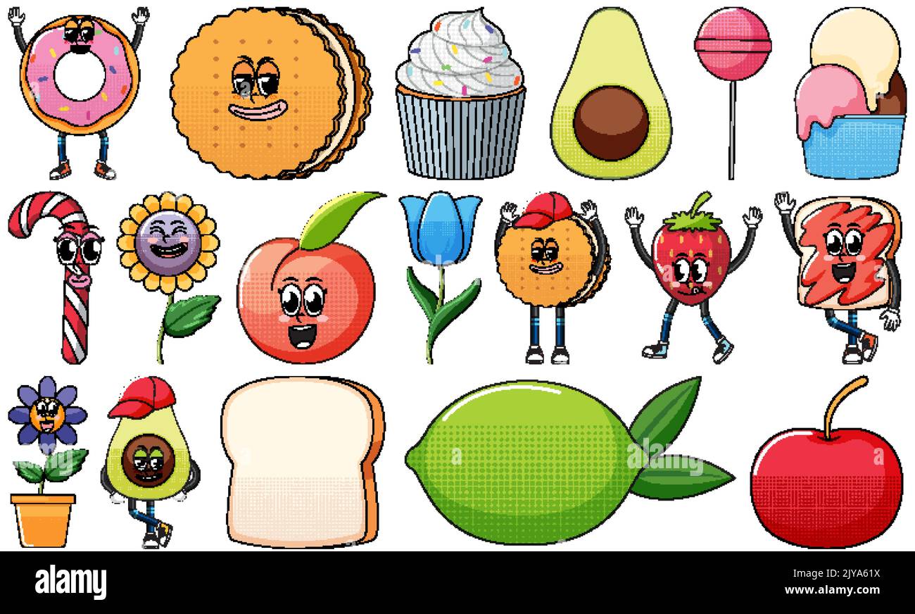Set of objects and foods cartoon characters illustration Stock Vector ...
