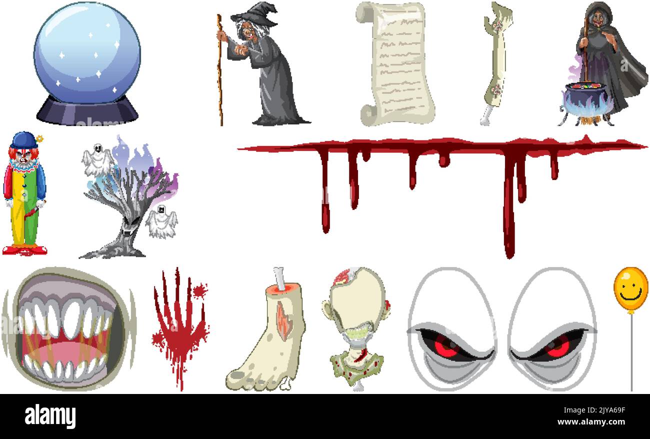 Set of horror halloween objects and cartoon characters illustration ...