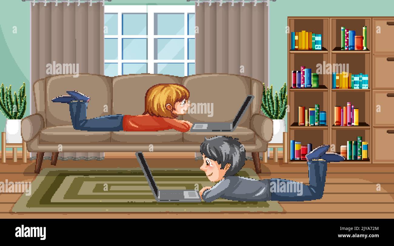 Children using laptops at home illustration Stock Vector Image & Art ...