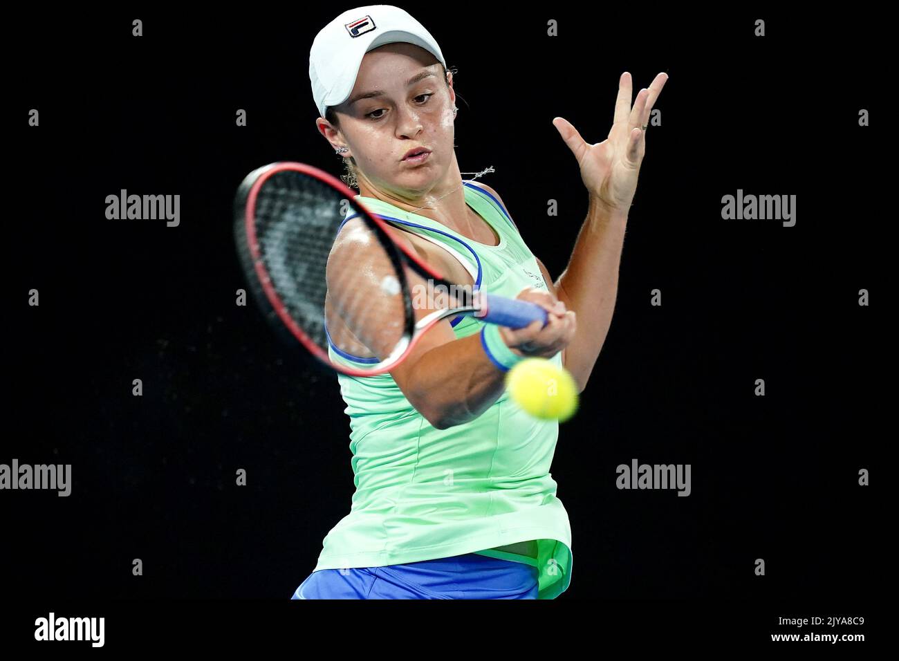 Ashleigh Barty of Australia plays a forehand shot during her first ...