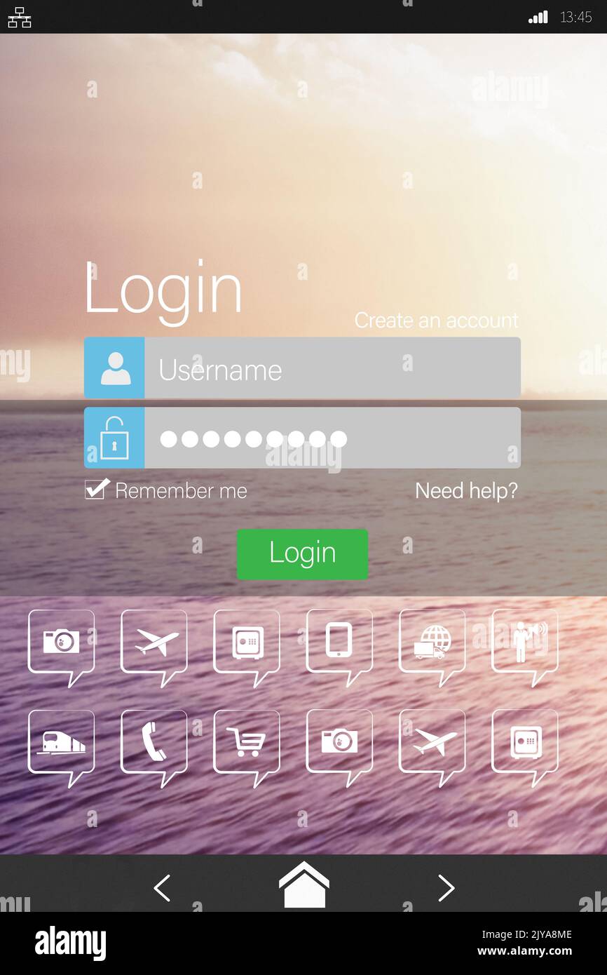 Digitally generated login page with various computer icons on screen ...