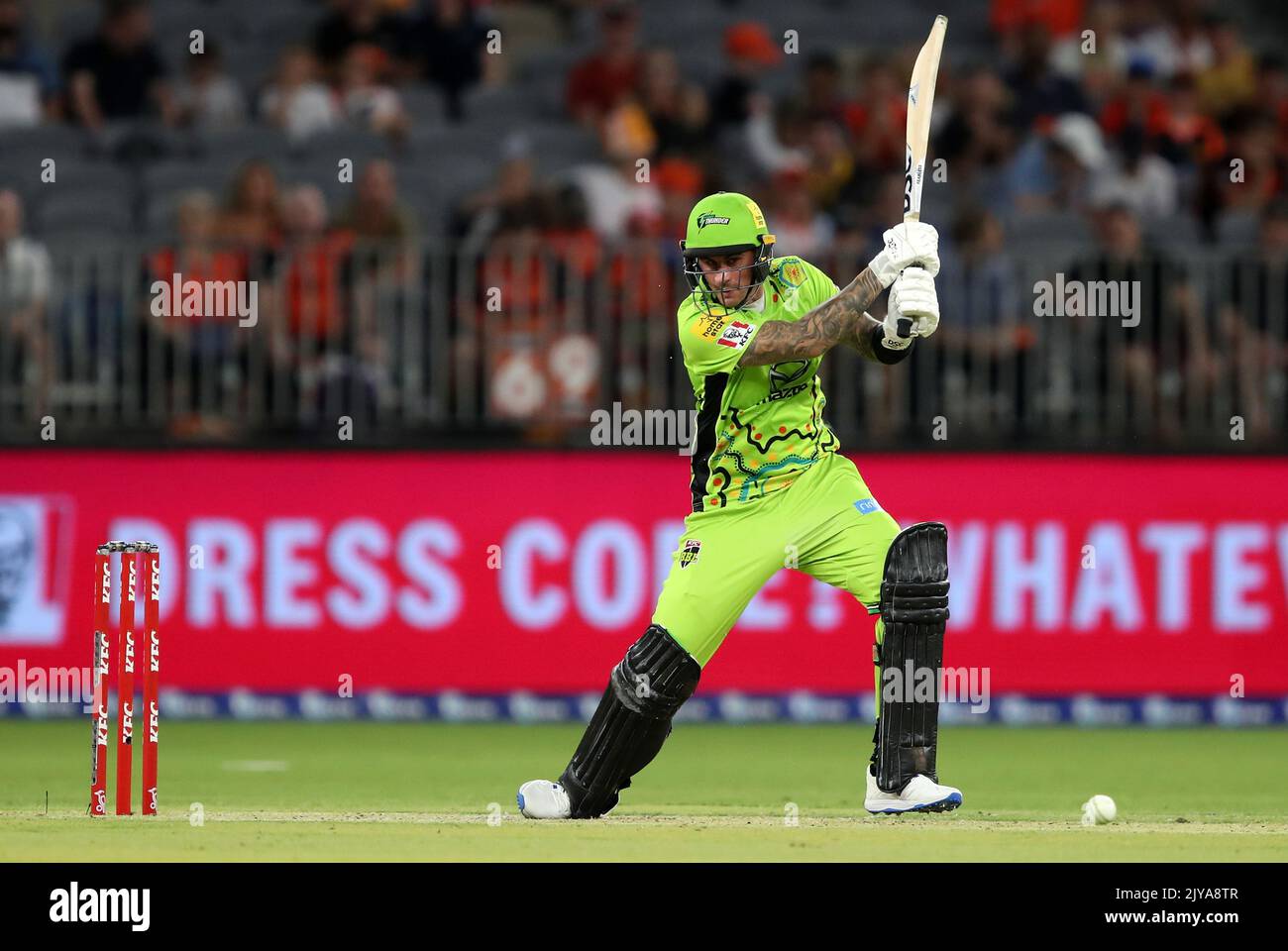 Alex Hales of the Thunder plays a shot during the Big Bash League (BBL ...