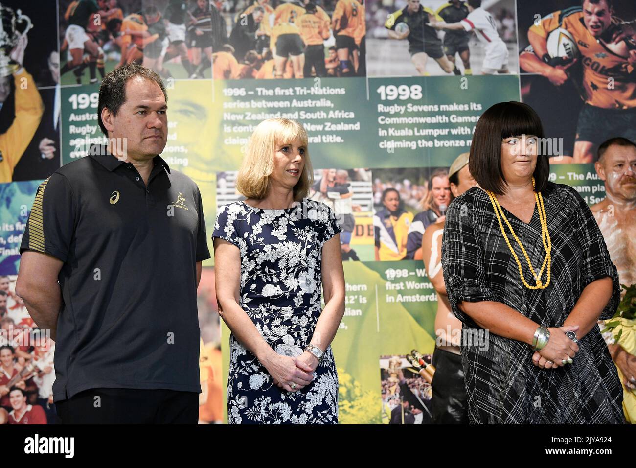 (L-R) Incoming Qantas Wallabies Head Coach Dave Rennie, his wife Steph ...