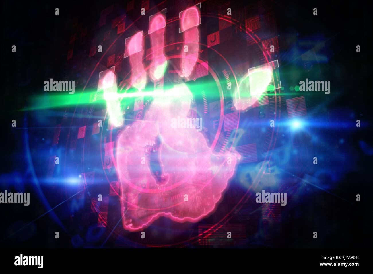Red technology hand print design on black background Stock Photo - Alamy