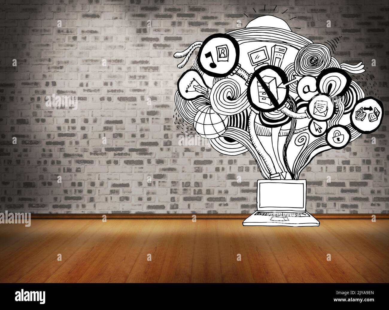 Apps and laptop doodle in room Stock Photo - Alamy
