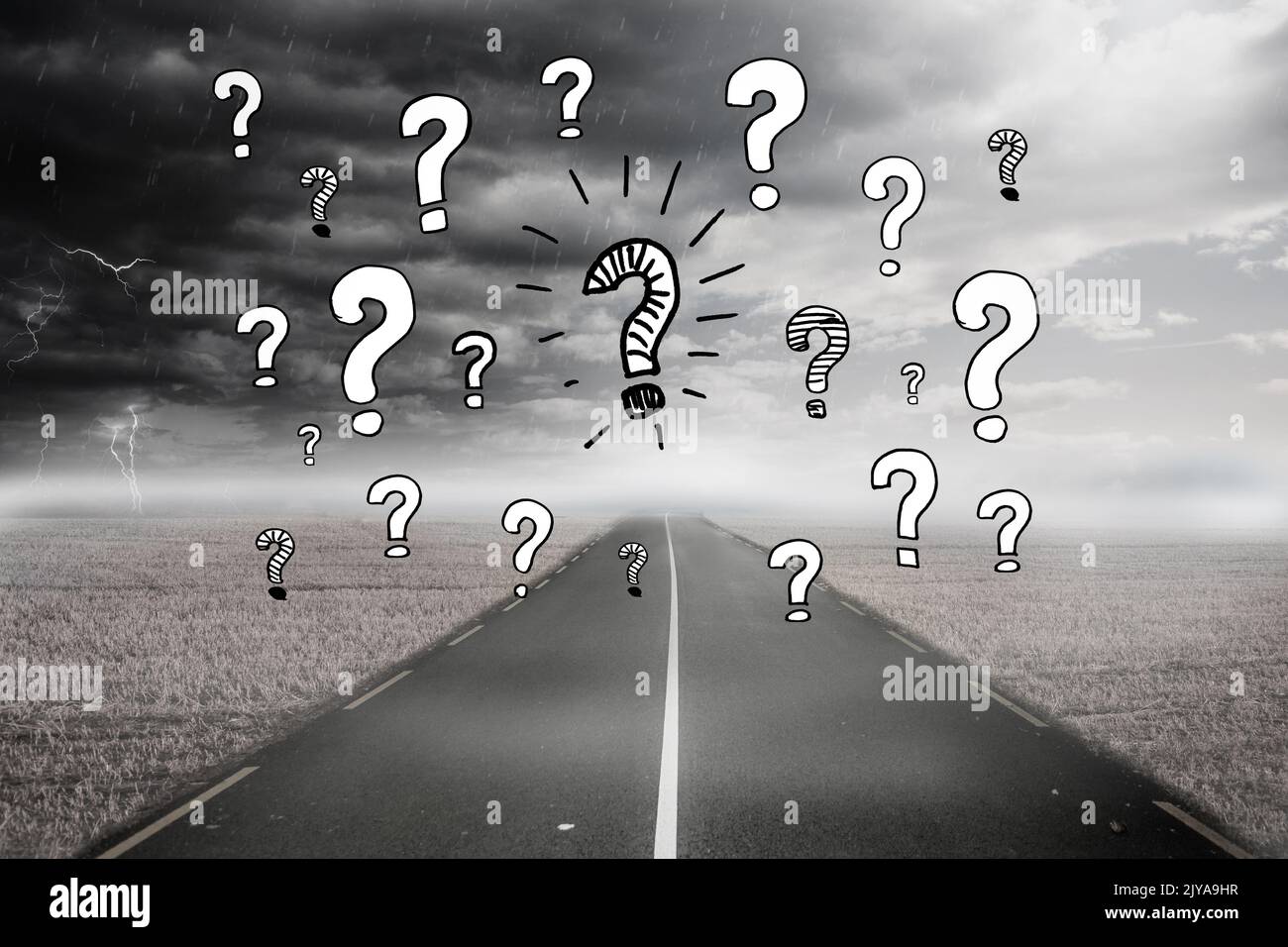 Question mark over stormy landscape background Stock Photo - Alamy