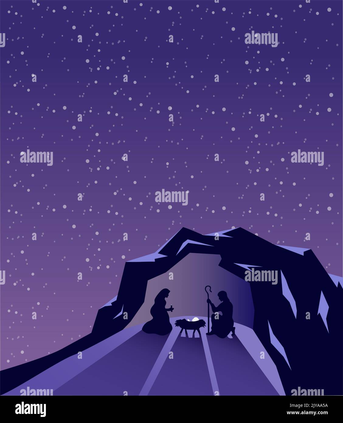 Illustration of nativity scene against purple sky at night Stock Photo ...