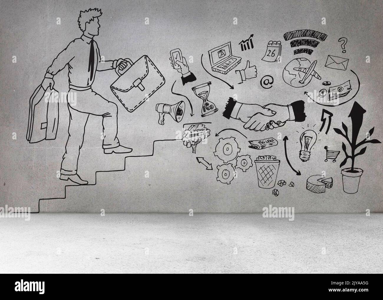 Grey wall with comic man and graphics Stock Photo - Alamy