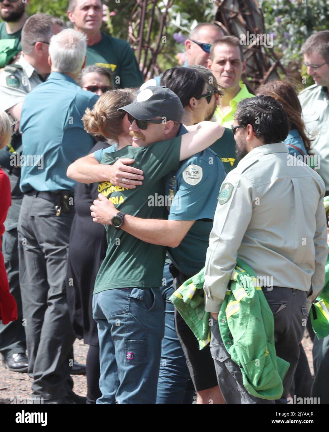 A Parks Victoria worker is seen arriving for the funeral for veteran ...