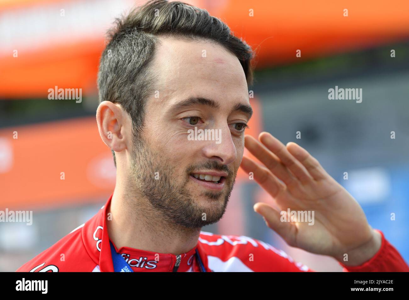 Nathan Haas is seen before the start of stage three of the Tour Down ...