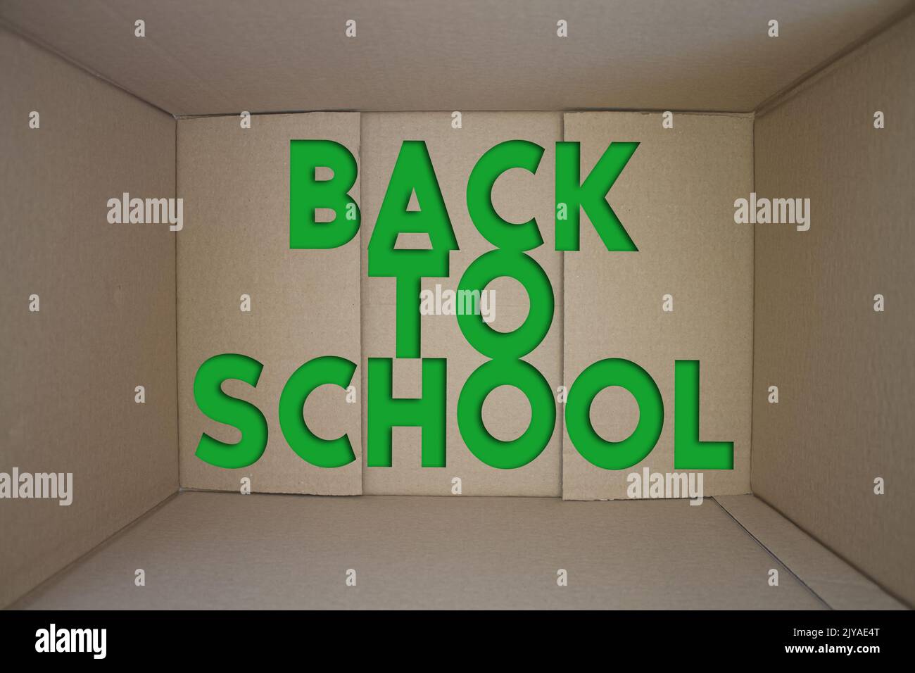 Back to School word with cardboard box. Brown folded card box Stock ...