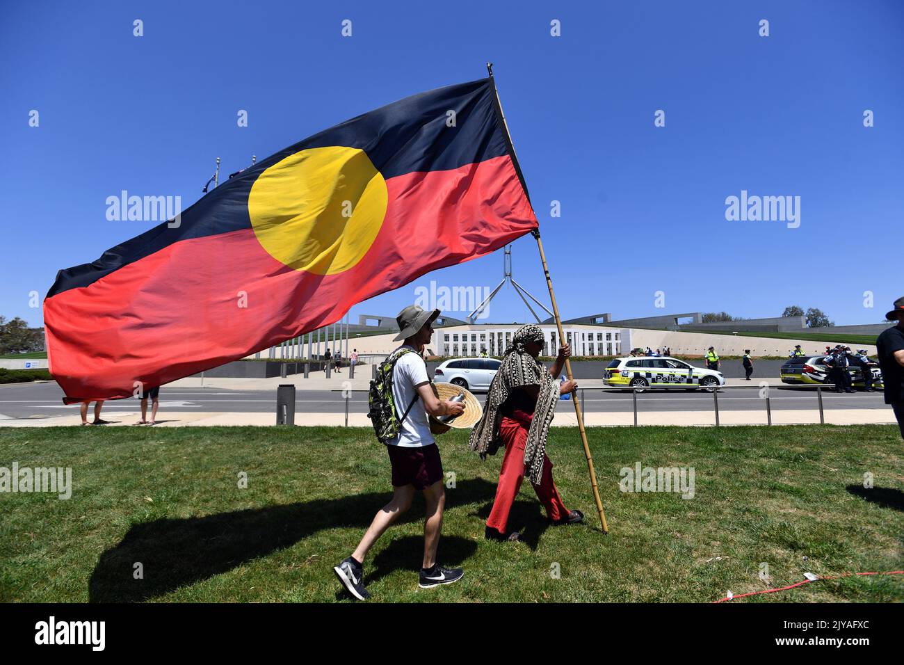 Marchers protesting Aboriginal rights on Australia Day at Parliament ...