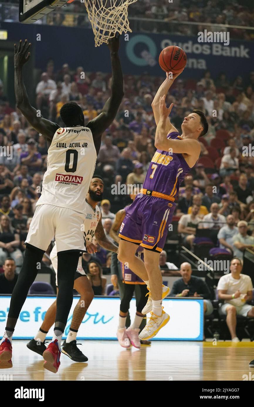 Shaun Bruce of the Kings shoot for the basketduring the Round 17 NBL ...