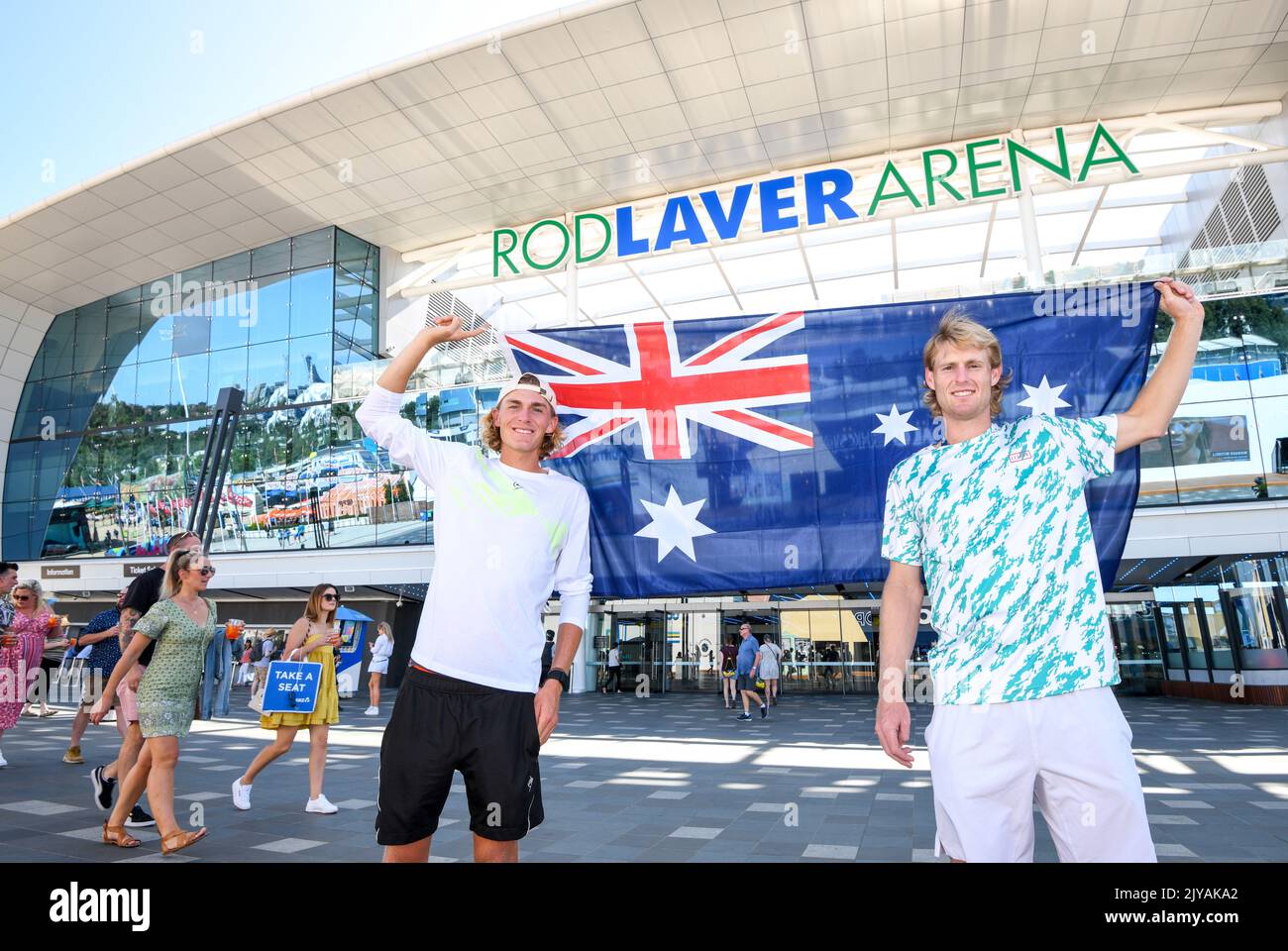 Max Purcell of Australia poses with doubles partner Luke Saville (R) in ...