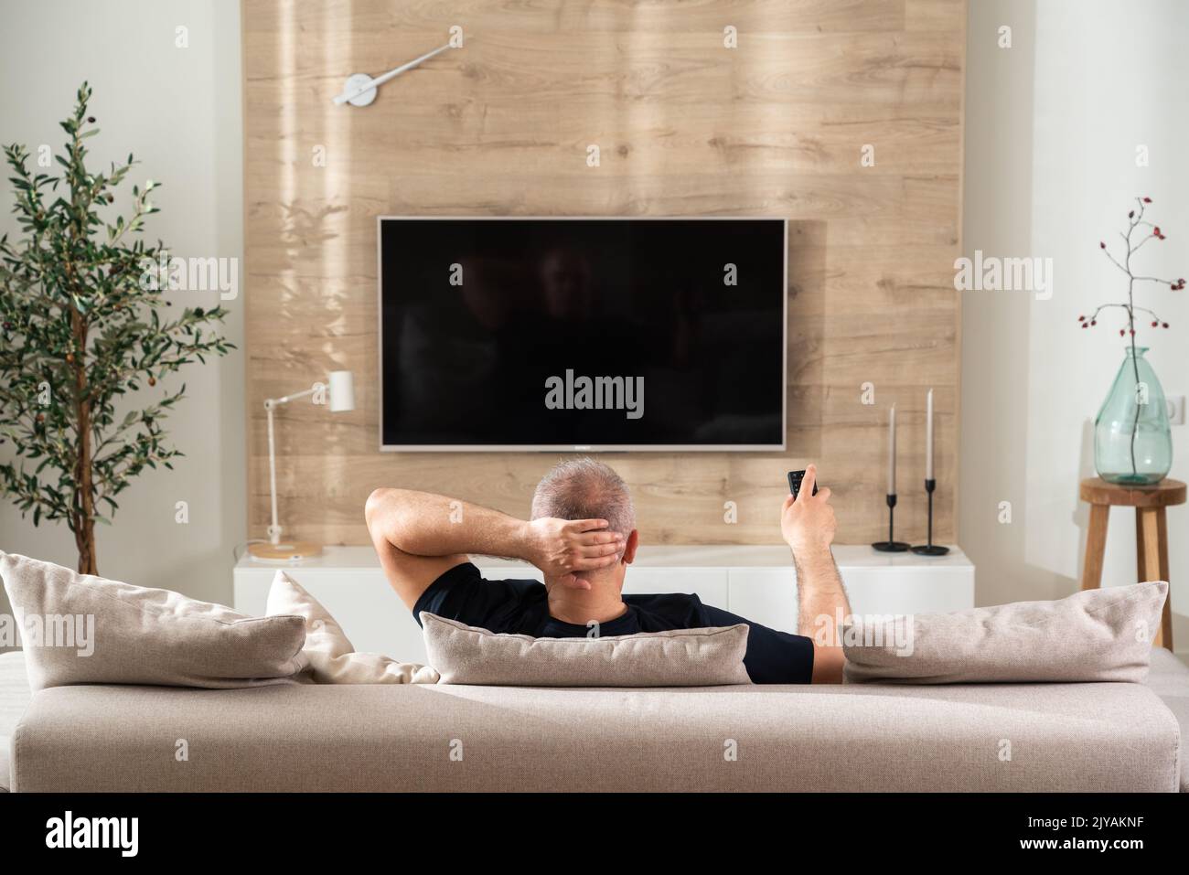 Back view of man in front of TV in modern living room Stock Photo - Alamy