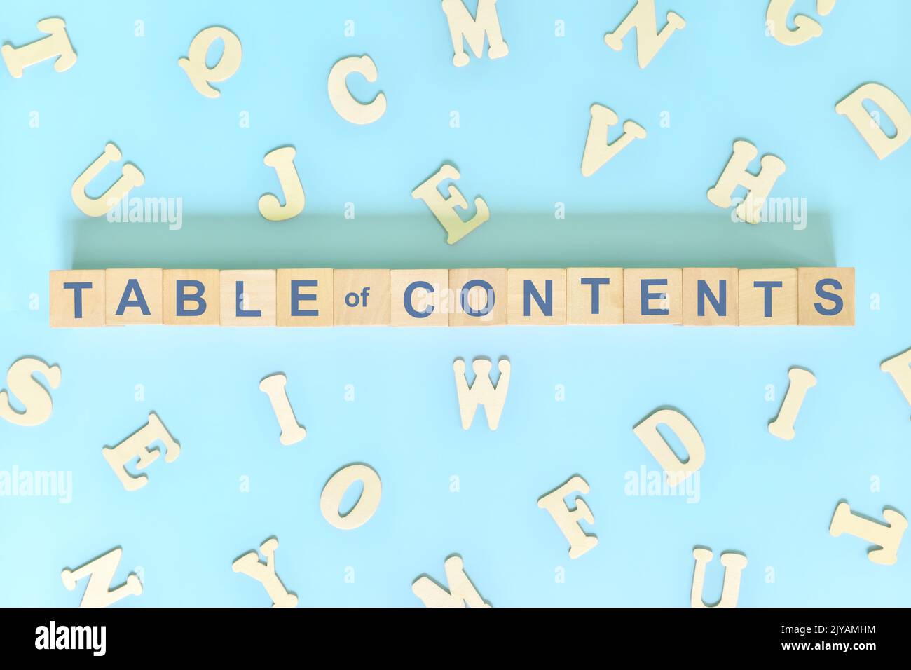 Table of contents part of a book concept. Wooden blocks typography word ...