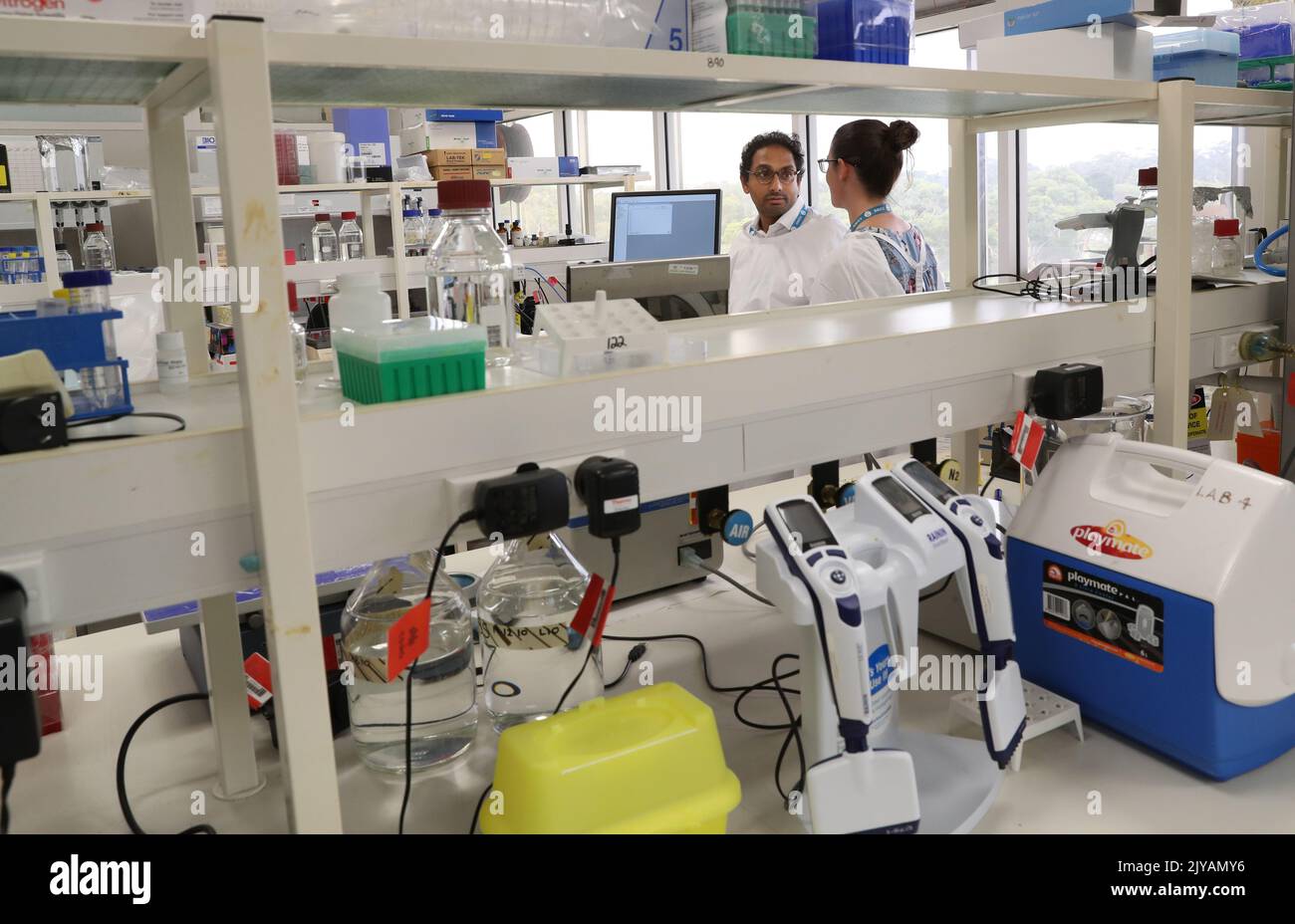 Scientists at work in the CSIRO's high-containment facility in Geelong ...