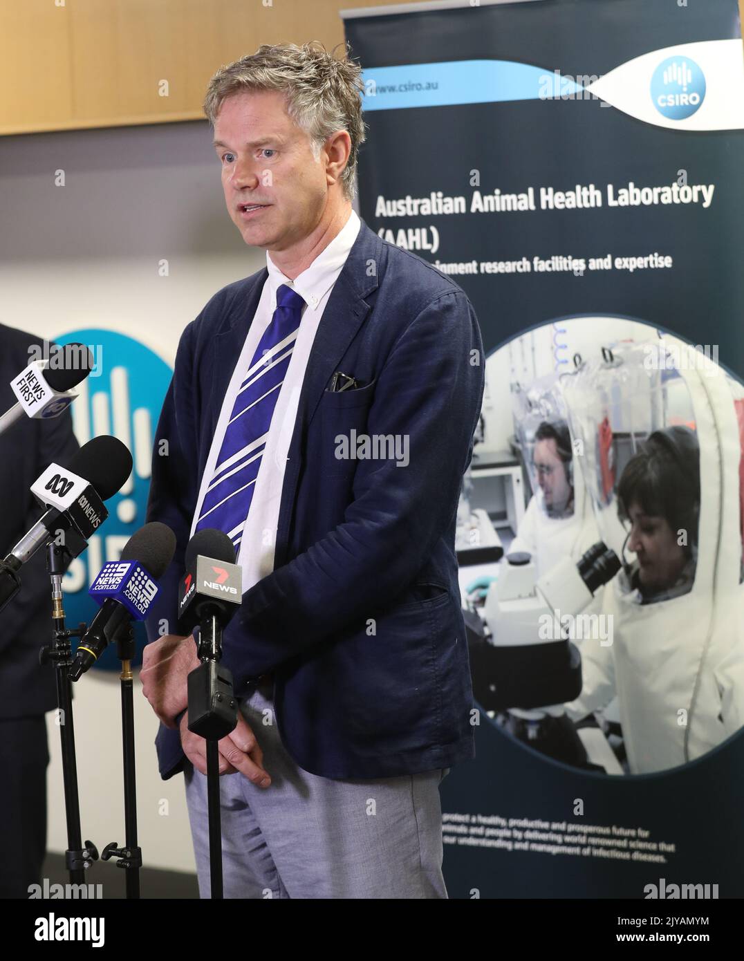Dr Rob Grenfell Director of Health and Biosecurity speaks to the media ...