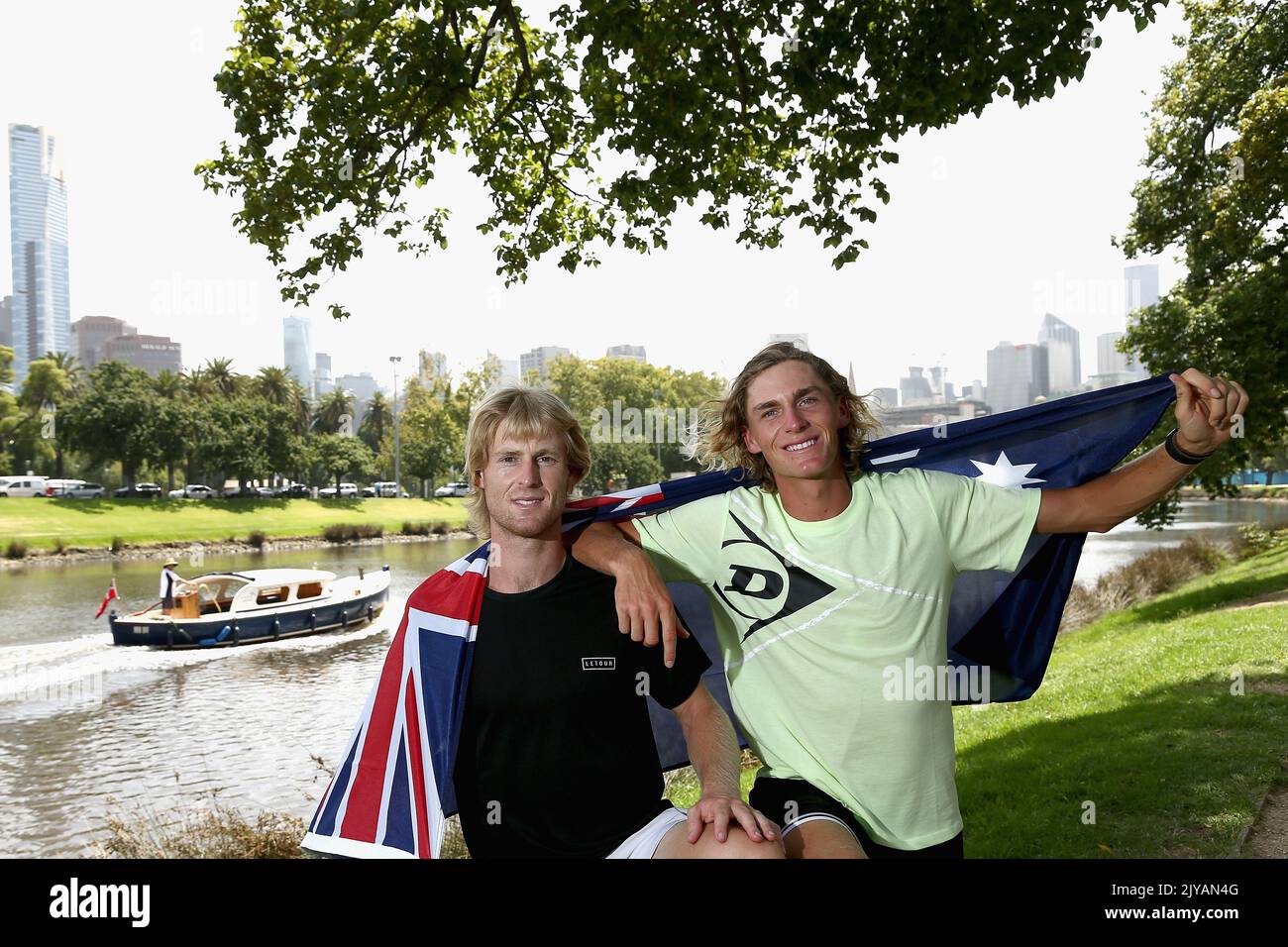 Luke Saville of Australia and Max Purcell of Australia pose for photos ...