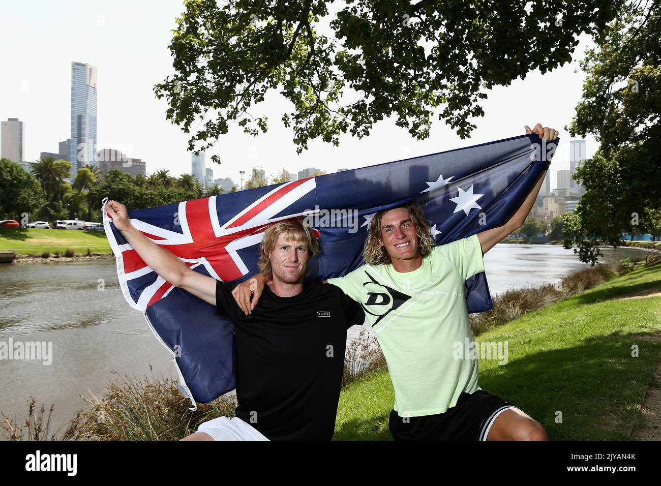 Luke Saville of Australia and Max Purcell of Australia pose for photos ...