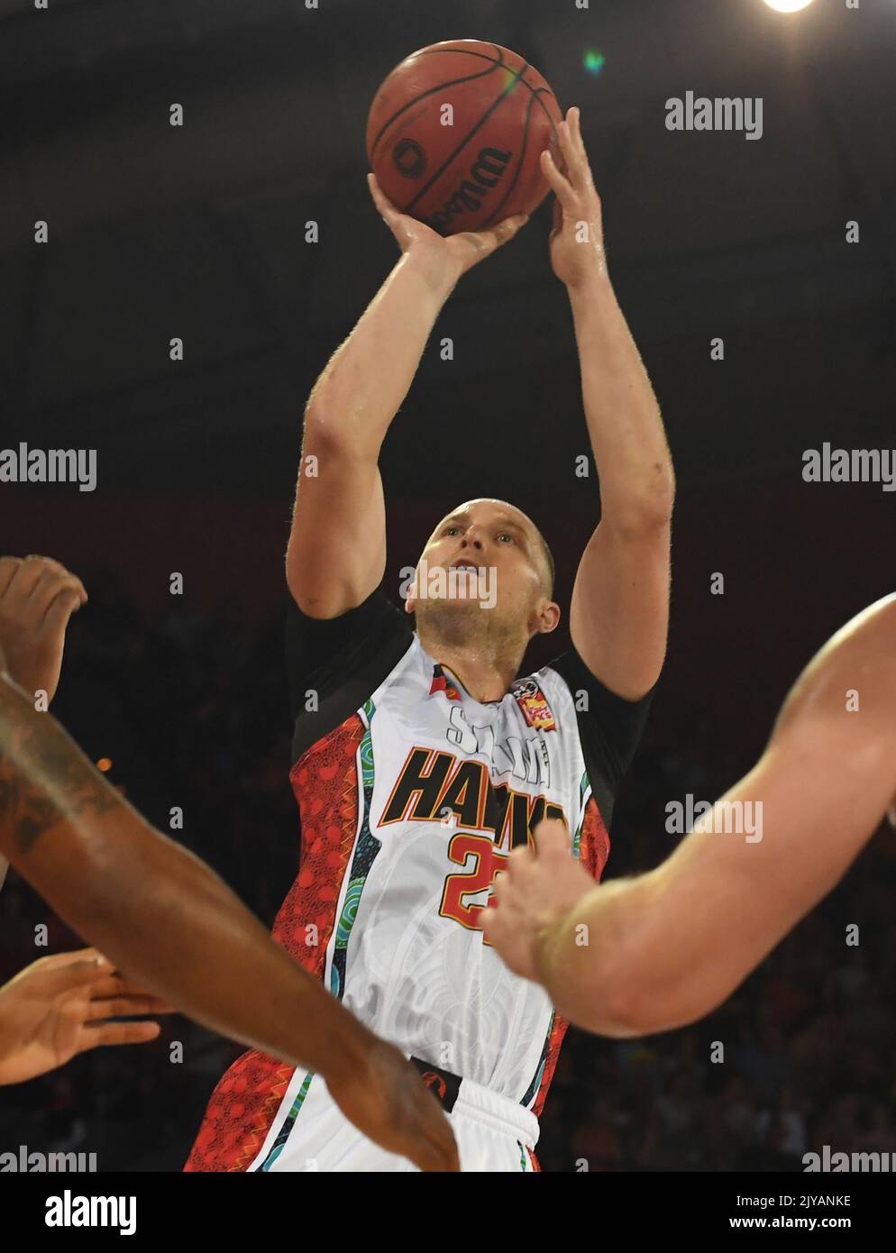 Hawks Tim Coenraad shoots during the Round 18 NBL match between the ...