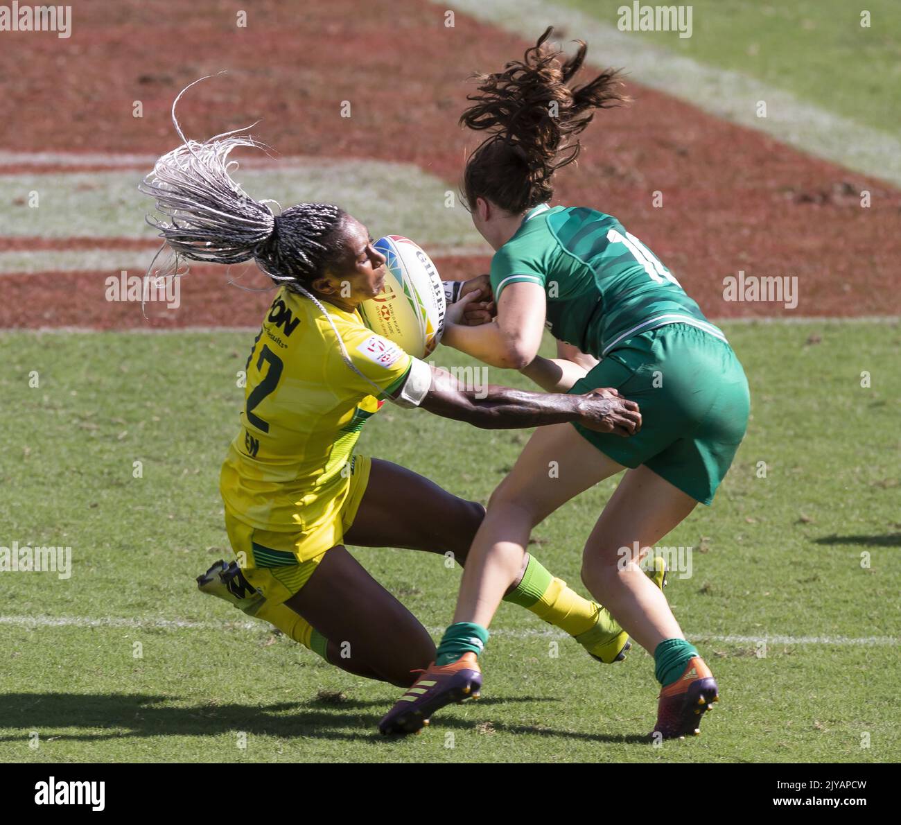 Ellia Green of Australia makes a tackle against Ireland during day one ...