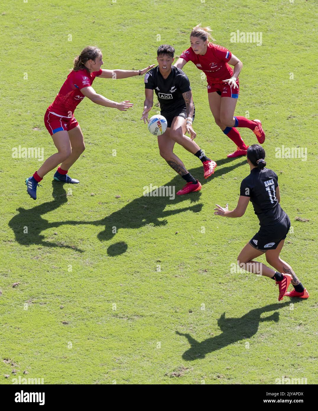 Gayle Broughton of New Zealand passes against Russia during day one of ...