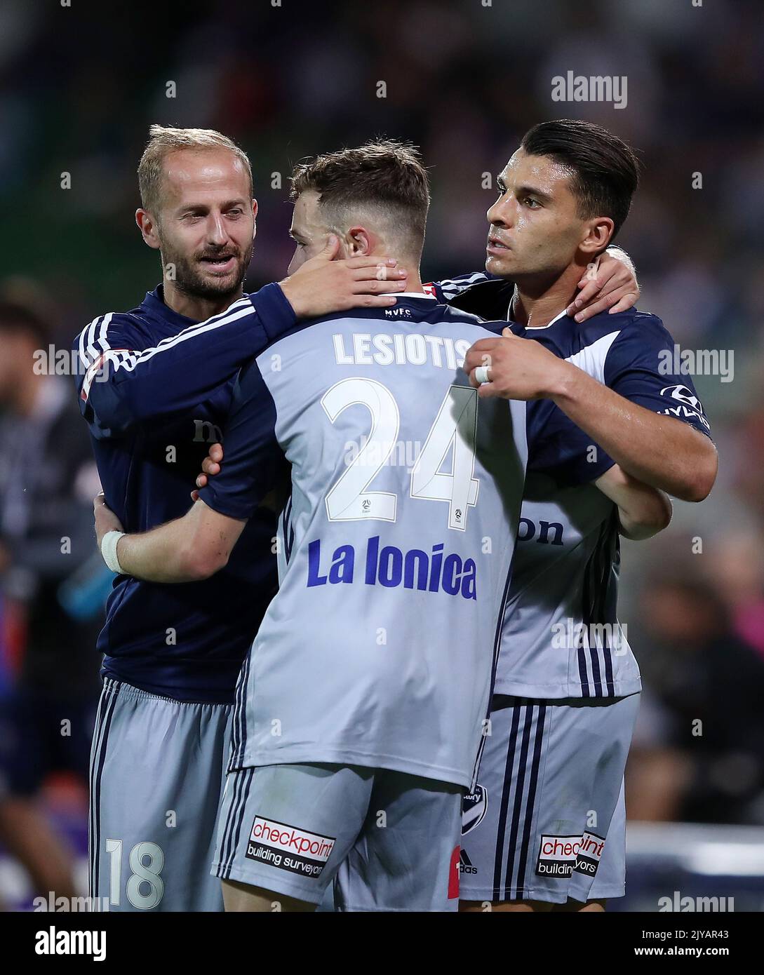 Andrew Nabbout (right) of Melbourne Victory celebrates scoring a goal ...