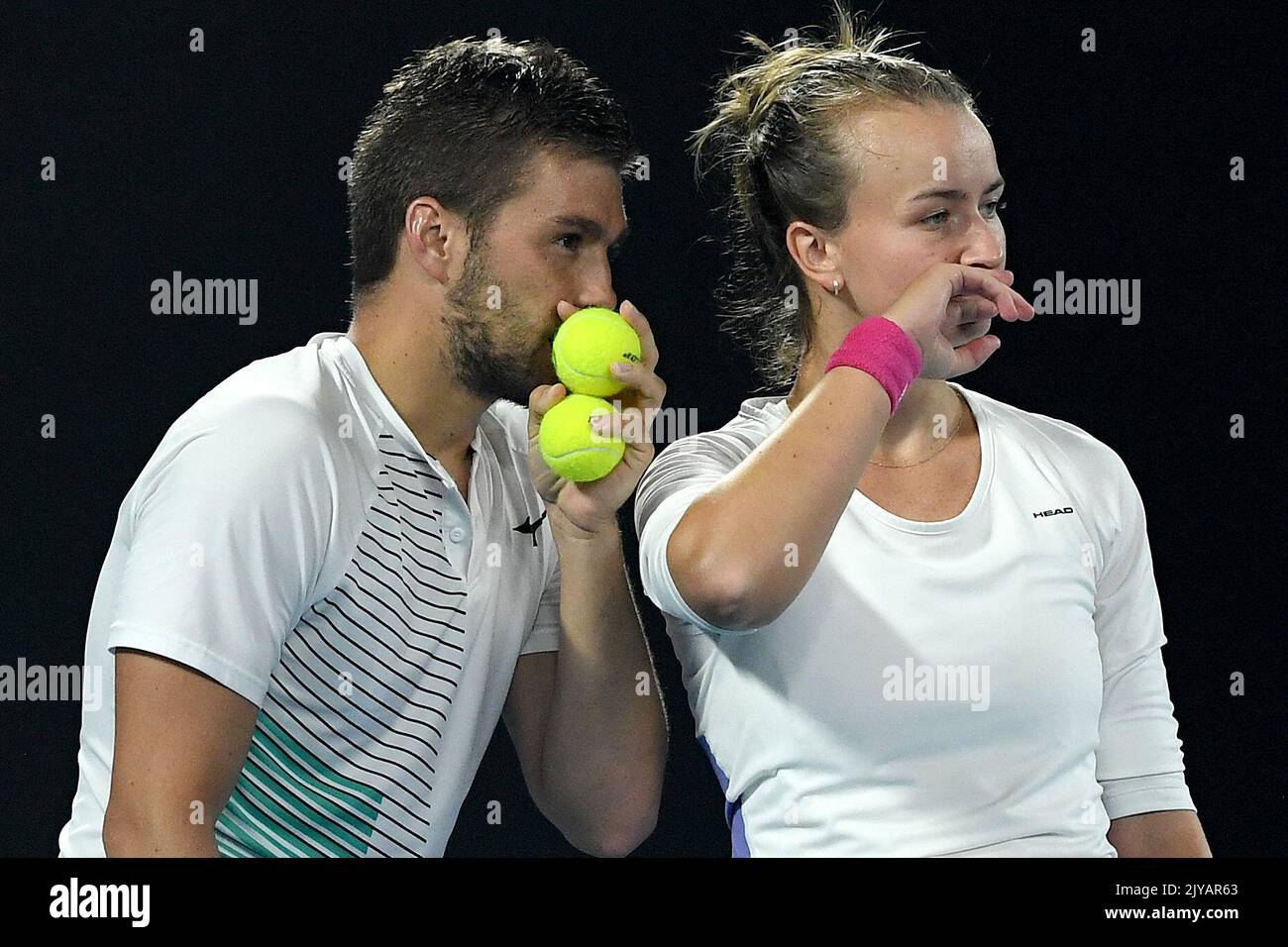 Barbora Krejcikova of the Czech Republic (right) and Nikola Mektic of Croatia during their mixed ...
