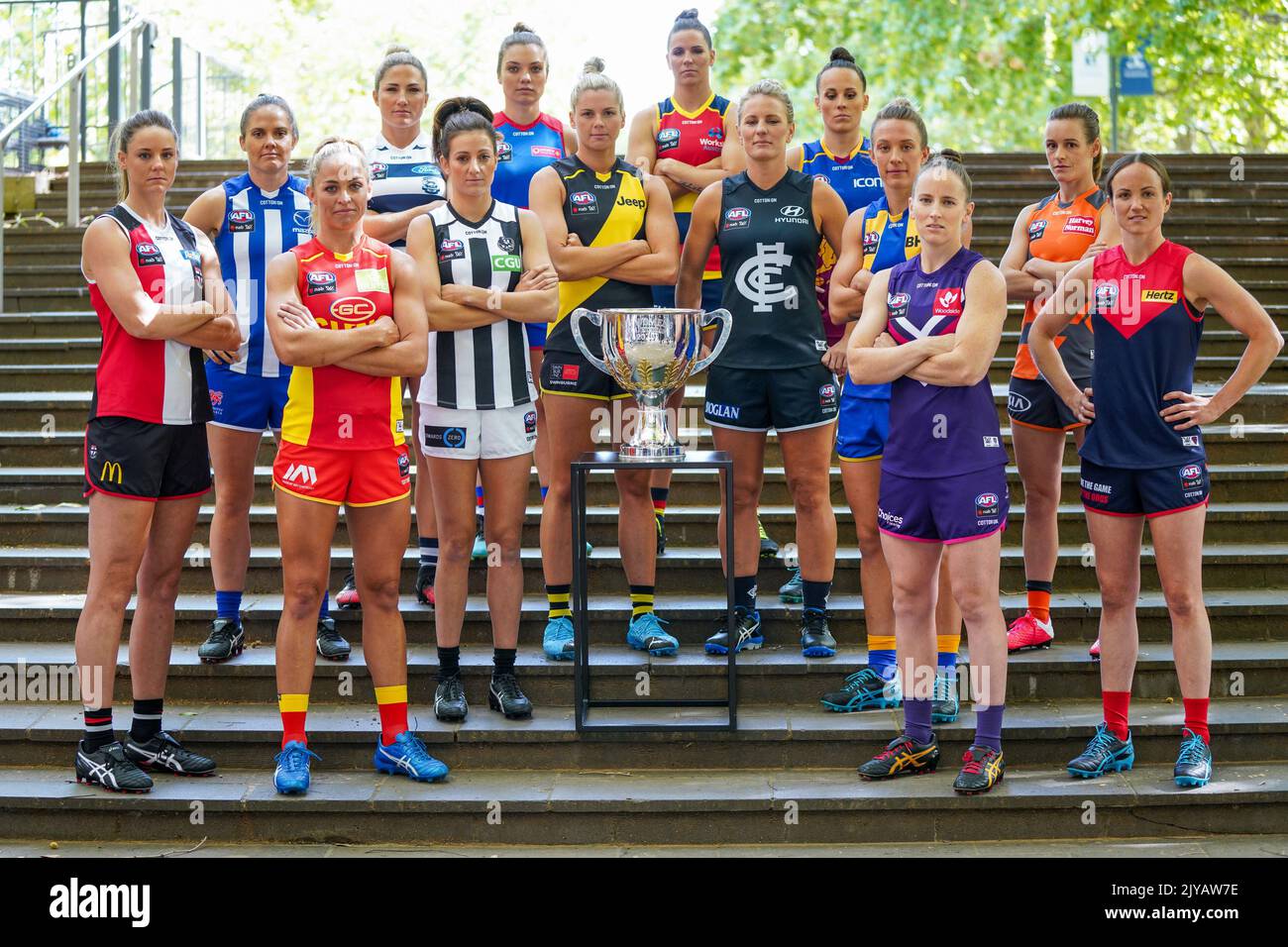 AFLW team captains (L-R) Rhiannon Watt, Emma Kearney, Leah Kasler, Mel ...
