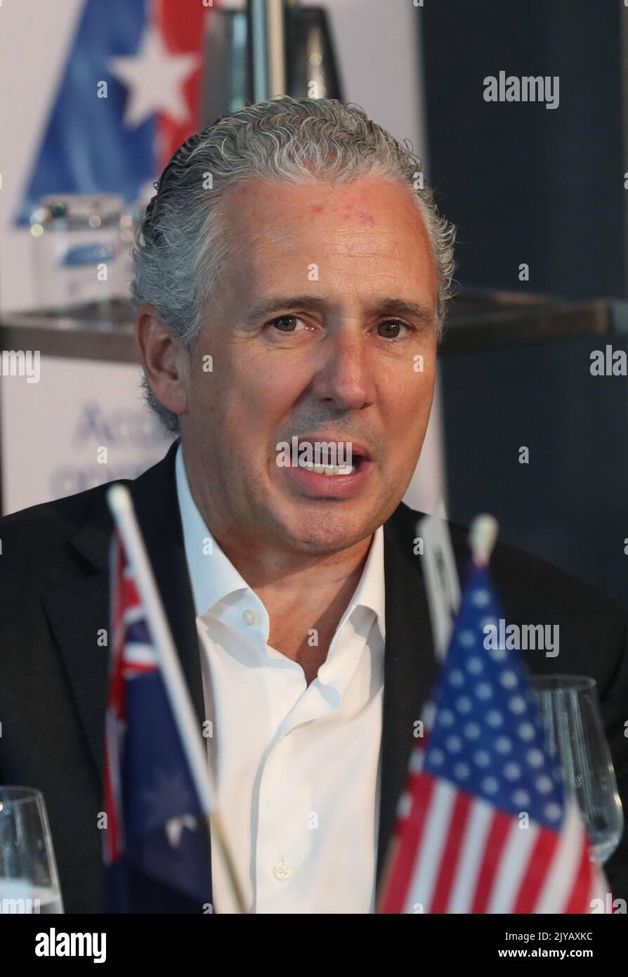 Telstra CEO Andy Penn addresses the AmCham lunch at the RACV Club in ...