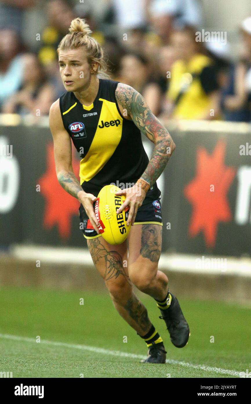 Phoebe Monahan of the Richmond Tigers kicks during the Round 1 AFLW ...