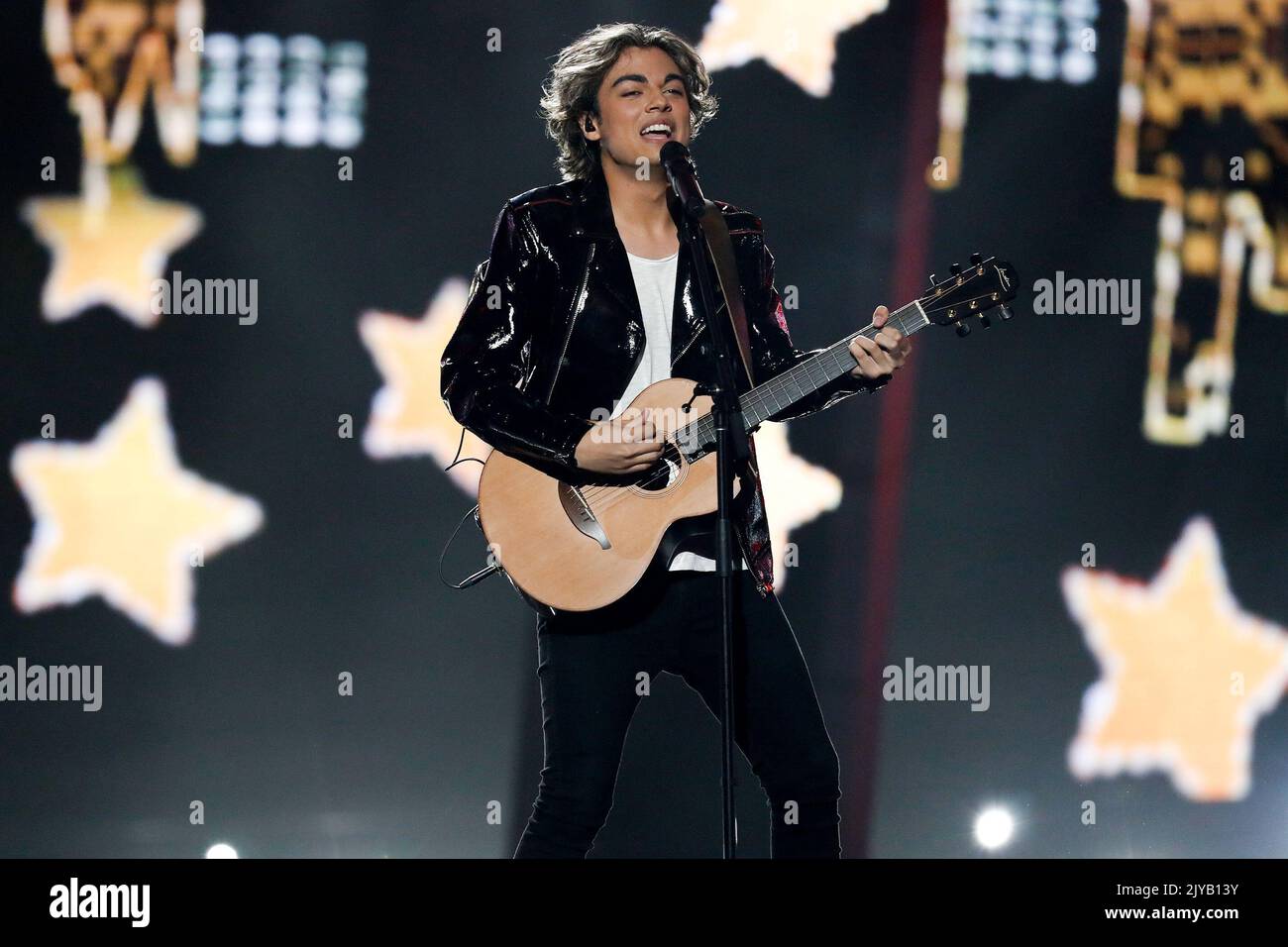 19-year-old singer-songwriter Jordan-Ravi performs Pushing Stars during the 2020 Eurovision ...