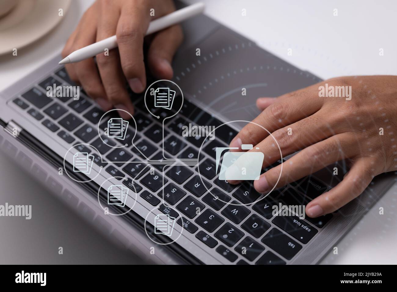 Paperless workplace idea based on e-documents. On a virtual screen, a ...