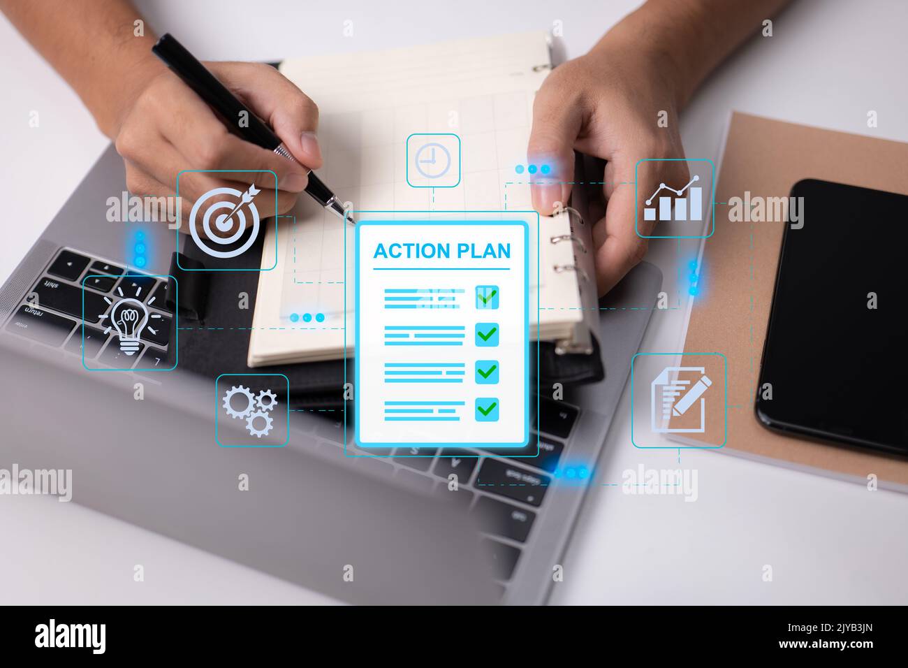 Action-plan idea. businessman with a checklist control of time Stock ...