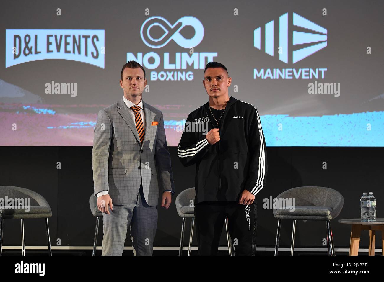 Boxers Jeff Horn (left) and Tim Tszyu poses for a photo onstage during ...