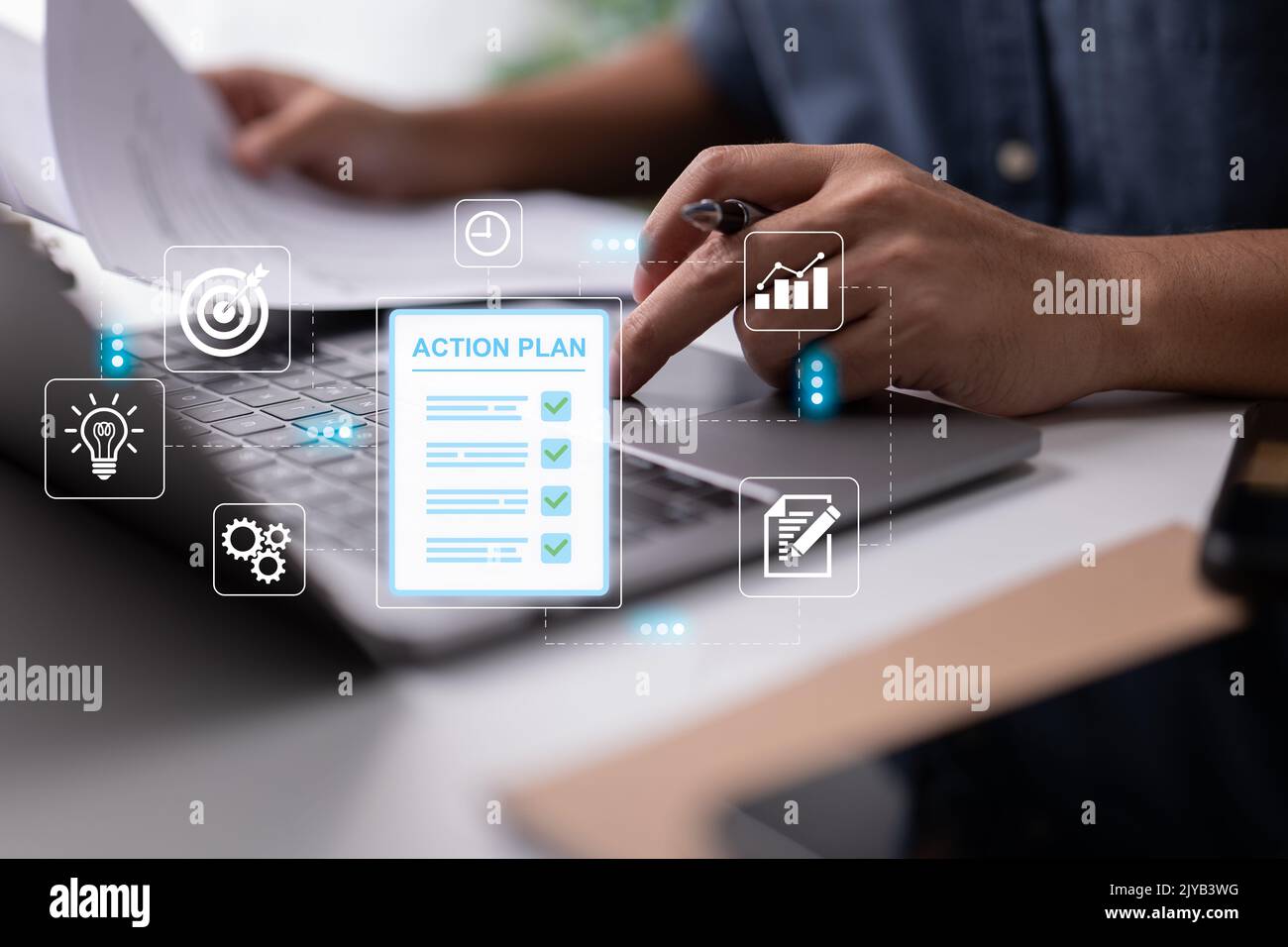 the concept of a plan of action. An employee is holding a checklist ...