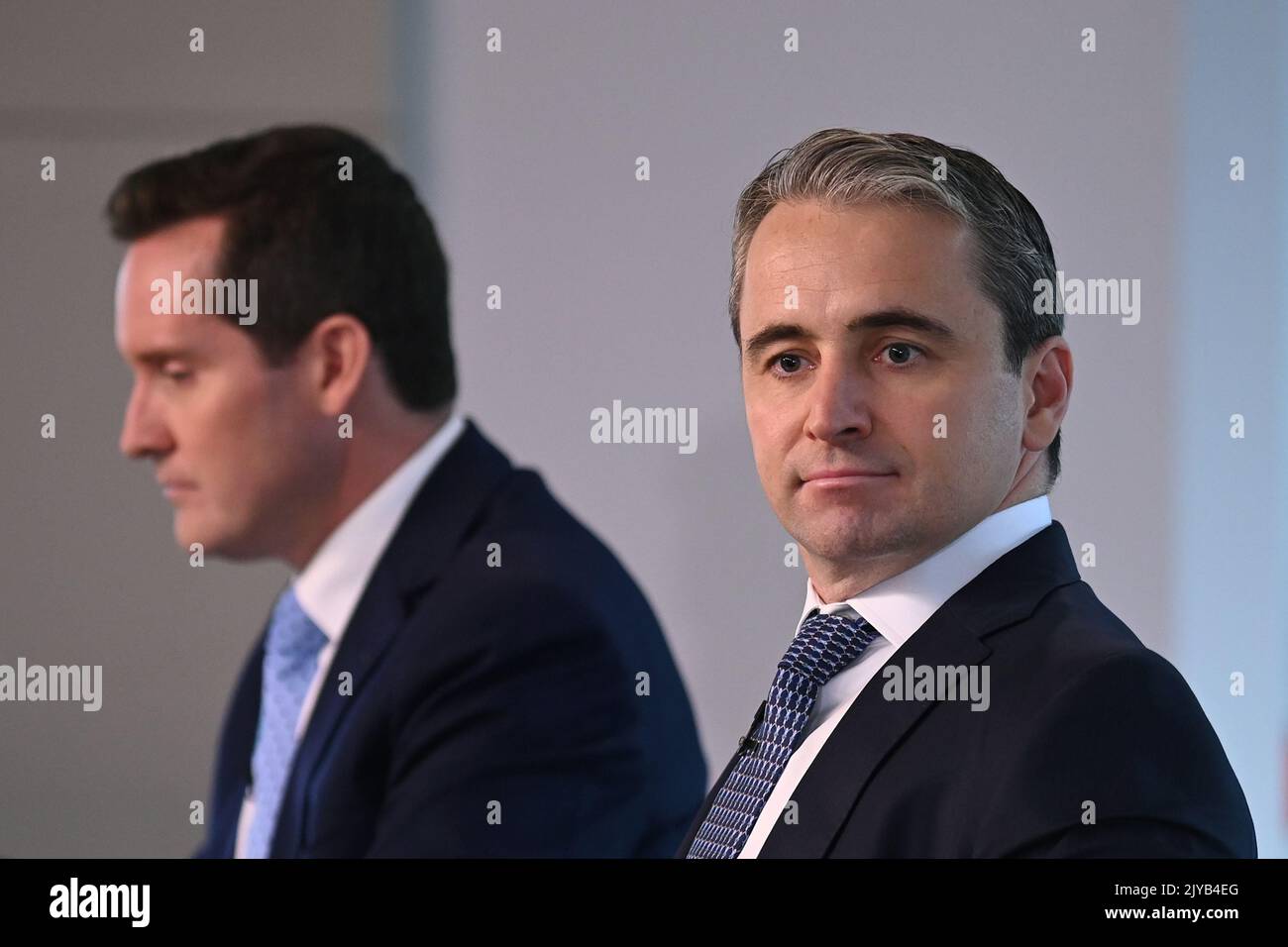 Commonwealth Bank of Australia CEO Matt Comyn (right) and CFO Alan Docherty prepare to deliver ...